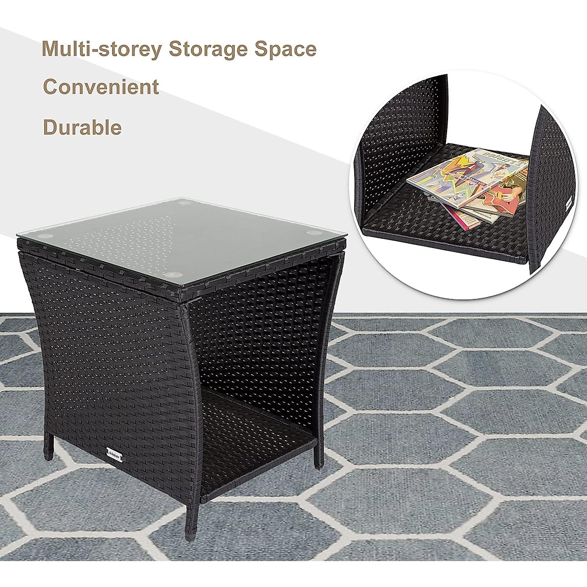 Kinsunny Square Glass Top Wicker Coffee Table, Outdoor Side Tables with Storage, Patio Furniture Patio Coffee Bistro Table PE Rattan Wicker Side Table w/Glass Top Indoor Outdoor, Black