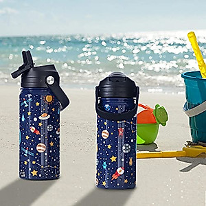 HOMMBENM Kids Space Water Bottles With Straw Lids Stainless Steel Vacuum Insulated Double WallWide Mouth Water Bottles for School Boys，Girls （Space,16oz）