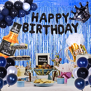Black and Blue Party Decorations, Happy Birthday Decorations for Men Women Birthday Black Party Decor with Foil Fringe Curtains and Crown, Party Supplies for 25th 30th 35th 40th 45th 50th 60th 65th