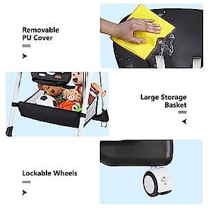 Kinder King High Chair for Babies & Toddlers, Simple Fold Highchair w/Large Storage Basket, Adjustable Height, Recline & Footrest, Detachable Double Trays, 4 Lockable Wheels, Easy to Clean, Black