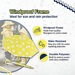 The Weather Station Children's Mini Manual Rain Umbrella, Fiberglass, Windproof, Lightweight, and Packable for Travel, Full 32 Inch Arc, Yellow Dot