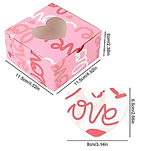 VEYLIN 24PCS Valentine Boxes for Treats, 4”x4”x2.4” Valentines Day Cookie Boxes Cupcake Bakery Boxes with Windows Heart Boxes for Strawberries 6 Designs