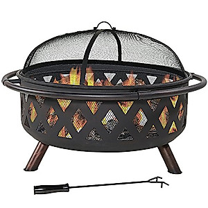 Sunnydaze Black Crossweave Heavy-Duty Steel Outdoor Fire Pit - Includes Spark Screen, Poker and Cover - 36-Inch Round