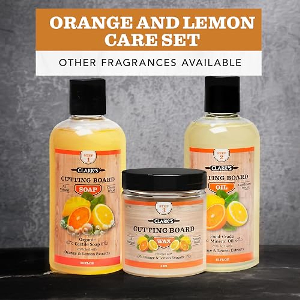 CLARK'S Bamboo Cutting Board Care Kit, Includes Mineral Oil (12oz) and Carnauba Beeswax (6oz) Enriched with Orange & Lemon Extract, Bamboo Cutting Board Oil Food Grade, Cutting Board Wax Bamboo