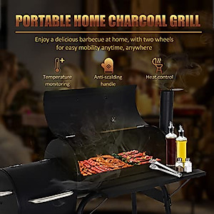 Charcoal Grills Outdoor BBQ Grill Offset Smoker with Wheels Side Fire Box Portable Barbecure Grill for Outdoor Cooking Backyard Camping Picnics,Black