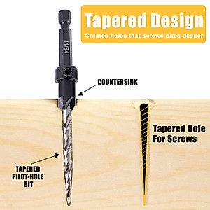 Wood Countersink Drill Bit Set, Newdeli 5Pcs Countersink Drill Bit #4、6、8、10、12, Tapered Drill Bits with 1/4" Hex Shank Quick Change and Allen Wrench, Counter Sinker Drill Bit Set for Woodworking