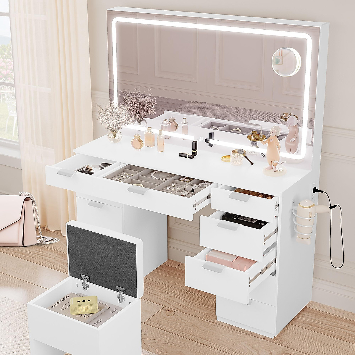 DWVO Dressing Vanity Desk with Spacious LED-Lit Mirror & Electrical Socket, 11-Drawer Cosmetic Makeup Table with Magnifier, 46'' Dressing Table with Organizing Stool for Bedroom, Ivory