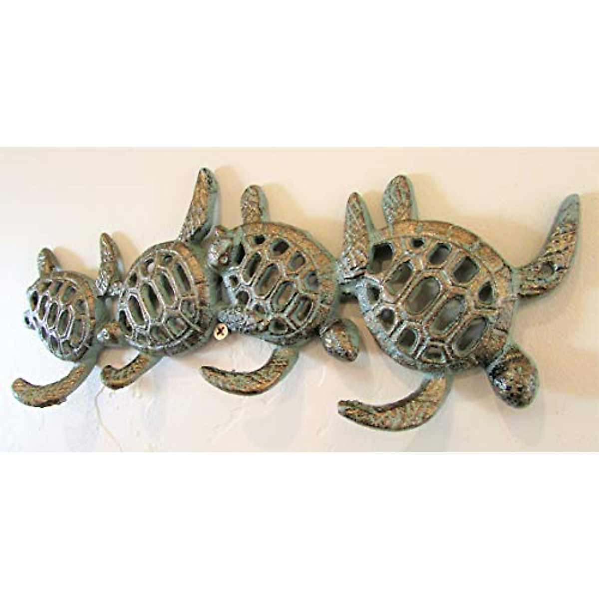Cast Iron 11.5" Seafoam Green Bronze Sea Turtle Coat Hat Key Purse Bag 4 Hook Rack
