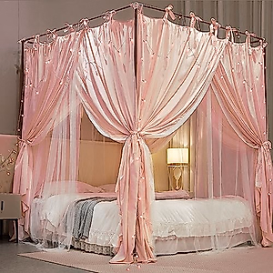AIOOO 4 Corners Post Princess Curtain Bed Canopy Double Layer Cozy Mosquito Net Mesh and Cloth for Girls Adults Bedroom Decoration (Double-Beigepink/White, 53" W*78" L*82"*H/(Full))