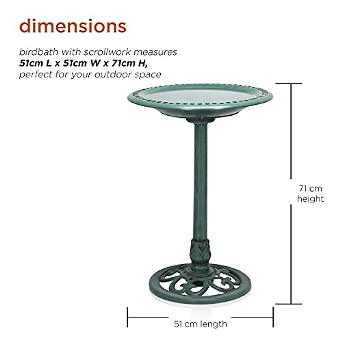 Alpine Corporation 28" Tall Outdoor Birdbath with Scrollwork Decoration Yard Statue, Green