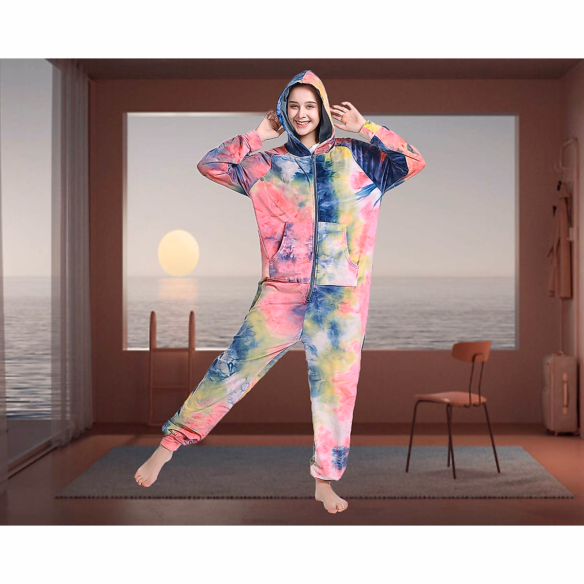 Lifeye Adult Jumpsuit Pajamas Hoodie Homewear Romper Sleepwear Tie Dye Costume for Women Men