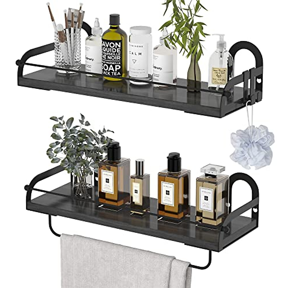 JIANGBAI 15.7inchX2 Wall Shelves for Bedroom , Floating Wall Shelves for Living Room Kitchen , Wall Mounted Rustic Wood Floating Shelves for Books, Small Shelf for Bathroom, Laundry Room (Black)
