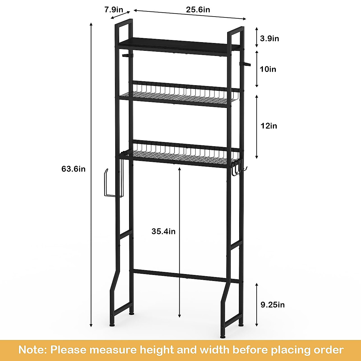 YBING Over The Toilet Rack 3 Tier Bathroom Shelf Over Toilet Storage Organizer Freestanding above Toilet Storage Rack with Metal Frame and Hook Bathroom Stand and Space Saver Shelf,Black