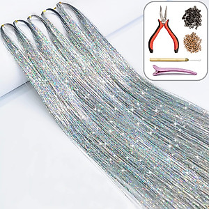 Hair Tinsel Kit with Tools and Instruction Easy to Use 1000 Strands 47 Inches Glitter Tinsel Hair Extensions for Women and Girls, Sparkling Shinny Fairy Hair Accessories for Christmas New Year Halloween Cosplay Party (Silver)