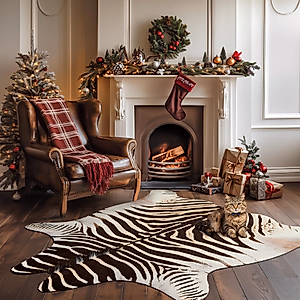 jinchan Zebra Print Area Rug Faux Skin Cowhide Animal Design Mat Faux Suede Indoor Floorcover for Bedroom Living Room 5x6 Safari Design