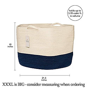 Chloe and Cotton XXXL Extra Large Woven Rope Storage Basket 15 x 21 inch Navy White Handles | Decorative Laundry Clothes Hamper, Blanket, Towel, Baby Nursery Diaper, Toy Bin Cute Collapsible Organizer