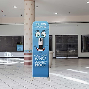 BannerBuzz Hand Sanitizer Automatic Dispenser Floor Stand Kit Touchless Machine Hold Your Hands Fabric Banner+ Stand for Hospital, Home, School, Office - 2 X 6.5 Ft (Single Side Graphic Print)