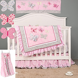 CribMATE 8 PCs Cotton Pink Embroidery Butterfly Nursery Crib Bedding Set Heavy Duty Cotton Themed Baby Girl Cot Bedding Set Quilt Fitted Sheet Skirt Diaper Storage Bag Window Valance 3, 28 X 52