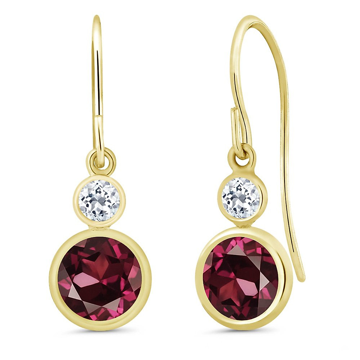 Gem Stone King 14K Yellow Gold Red Rhodolite Garnet and White Topaz Drop Dangle Earrings For Women (2.28 Cttw, Gemstone January Birthstone, Round 6MM and 3MM)