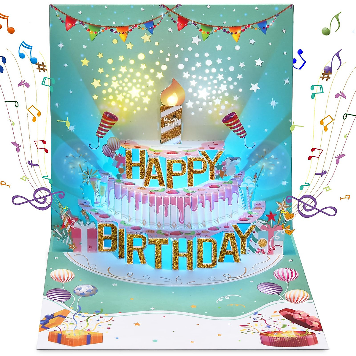 VIVIKEN Musical Birthday Cards, 3D Pop Up LIGHT Blowable Cake Happy Birthday Cards with Music and Cheers Sound, Funny Popup Greeting Card Birthday Gifts for Kids, Women, Men, Daughter, Mom