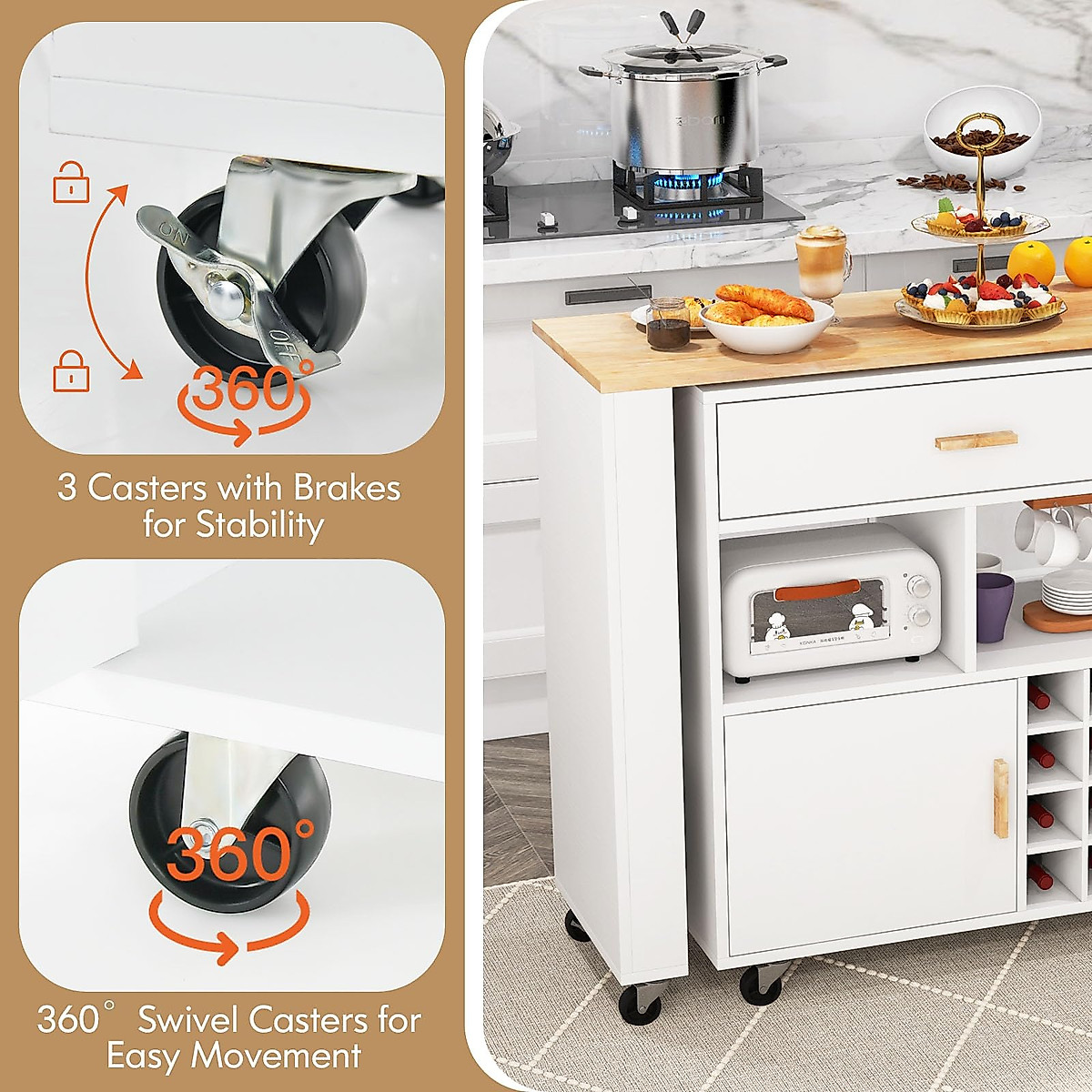 Giantex Mobile Kitchen Island Cart, 4-in-1 Reversible Serving Cart Bar Table Combo, Storage Cart on Wheels w/Rubber Wood Top, Adjustable Shelf, 12-Bottle Wine Rack, Spice Rack for Dining Room, White