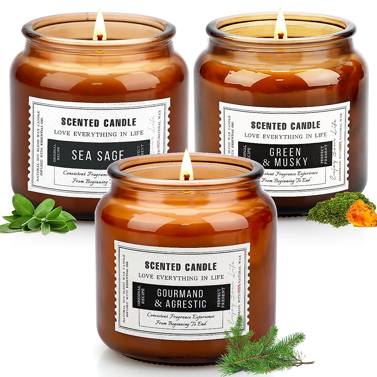 [300H, 46.5oz] Candles for Home Scented, 3 Pack Large Jar Soy Candles, Sage Candles, Aromatherapy Candles Set for Stress Relief, Candles for Men & Women, Glass Amber Jar Candles