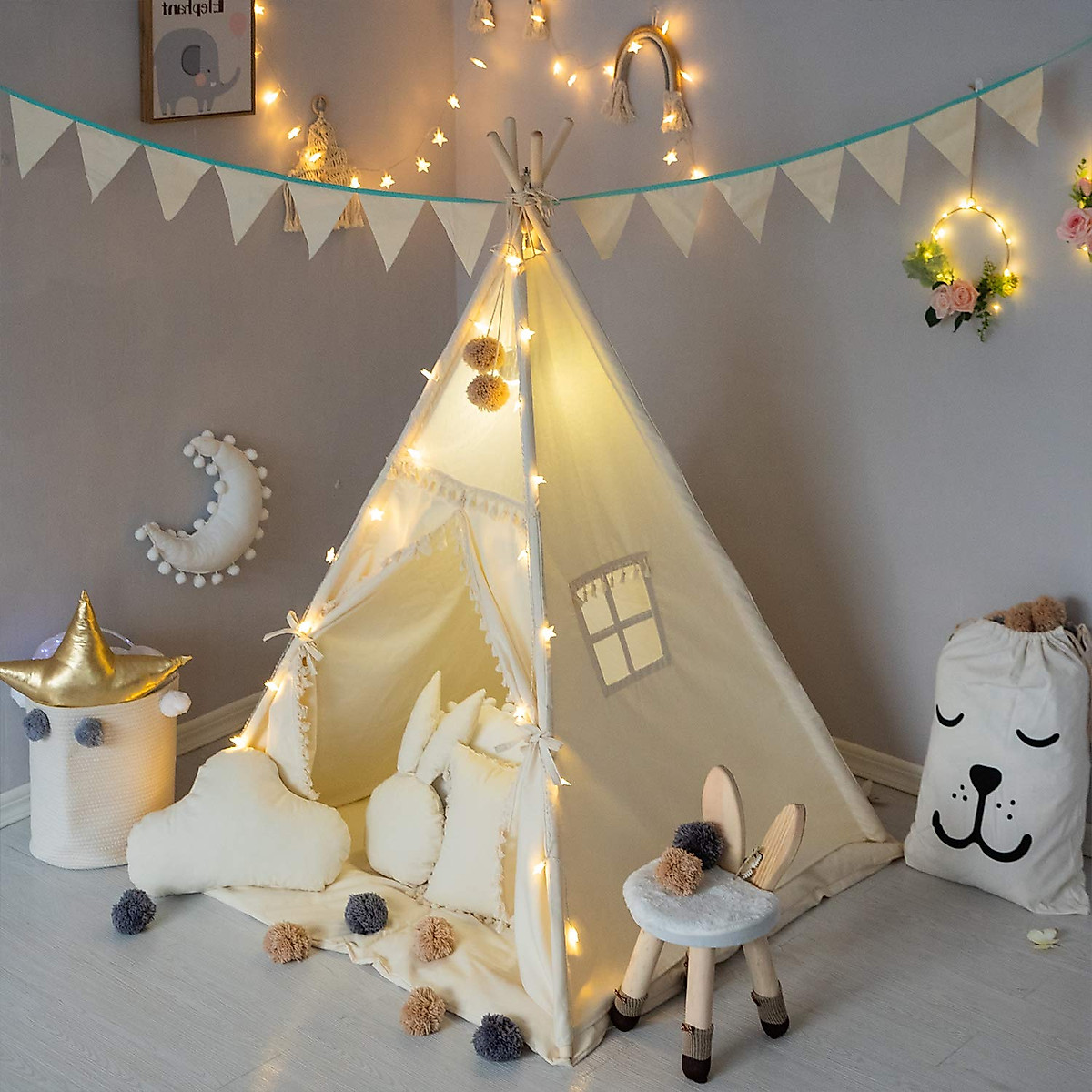 TreeBud Kids Teepee Tent with Padded Mat, Banner, Fairy Lights, Yarn Ball, Carry Bag, Beige Cotton Canvas Play Tent for Child with Tassels Lace, Play House Tipi for Kids Room Decor
