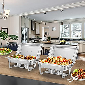 Perossia 5 Pans Chafing Dish Buffet Set Stainless Steel 8QT with Full Size and 4 1/2 Size Pans Portable Serve Food Warmer for Catering Parties Wedding Graduation Commercial Events, 3 Packs Silver