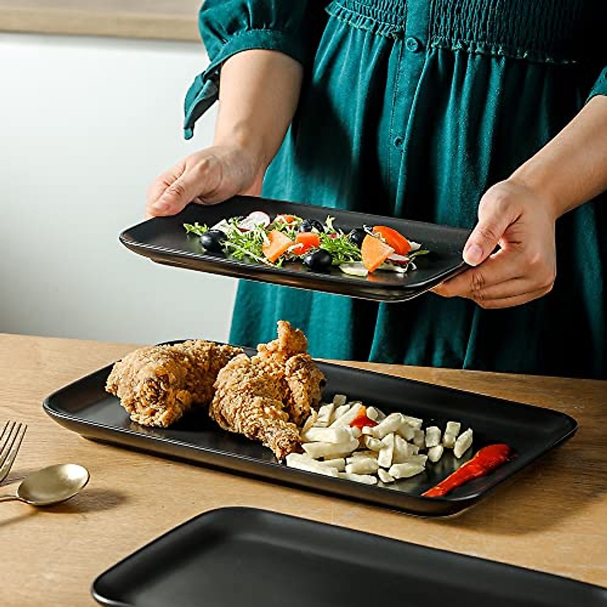 KOOV Ceramic Rectangular Serving Tray, 14/12/10 Inch Large Serving Platter, Porcelain Serving Plates with 3 Sizes, Ceramic Serving Dishes for Party, Food, Appetizers and Dinner, Set of 3 (Matte Black)