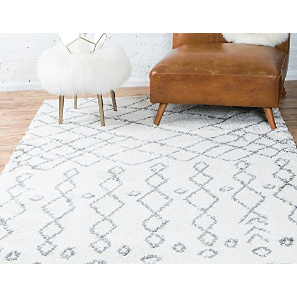 Unique Loom Rabat Shag Collection Area Rug - Geometric (9' x 12' Rectangle, Pure Ivory/ Gray)