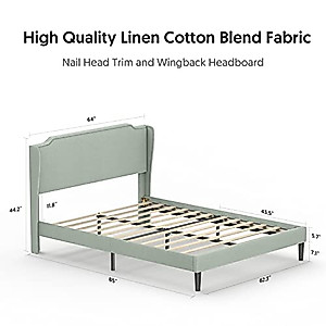 BONSOIR Queen Size Bed Frame Traditional Upholstered Low Profile Platform with Wing Back and Nail Trim Headboard/No Box Spring Needed/No Bed Skirt Needed/Soft Linen Fabric Upholstery/Light Green