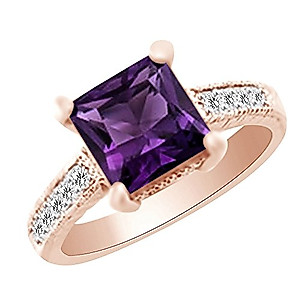 AFFY 3.2 cttw Simulated Amethyst & White Natural Diamond Vintage Style Engagement Wedding Ring in 14k Rose Gold with Ring Size 5.5