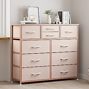 LUMTOK 10-Drawer Dresser, Fabric Storage Dressers Drawers for Bedroom, Hallway, Nursery, Closets, Steel Frame, Wood Top, Easy Pull Handle (Rose Gold)