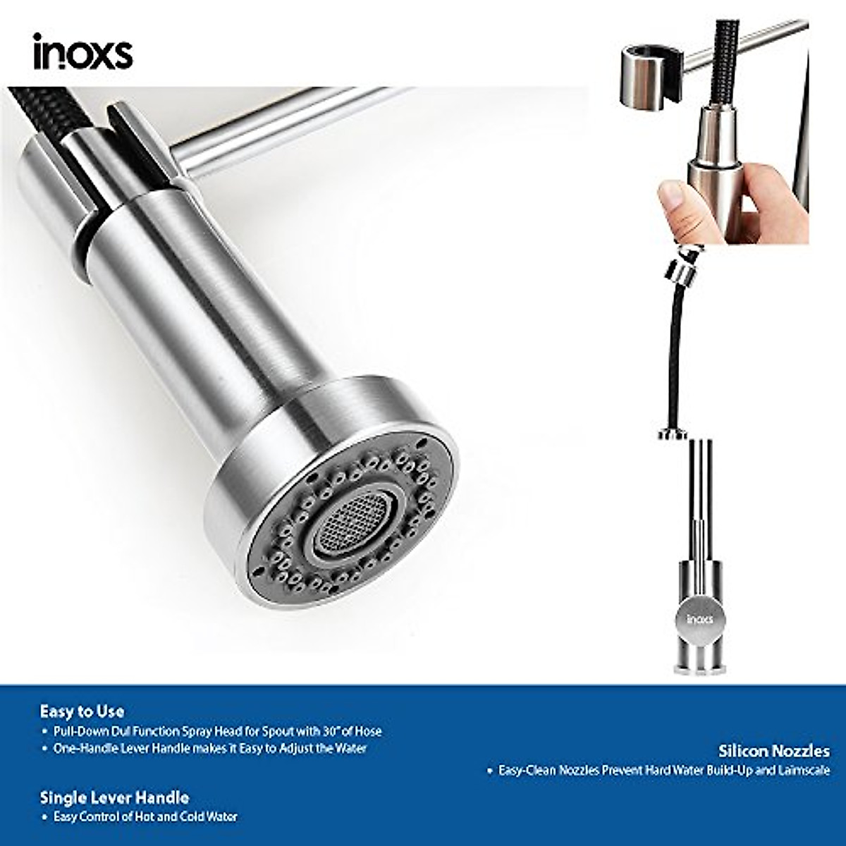 Inoxs24 Inch Commercial Design Single Handle Pull Down Spray T 304 Stainless Steel Kitchen Faucet