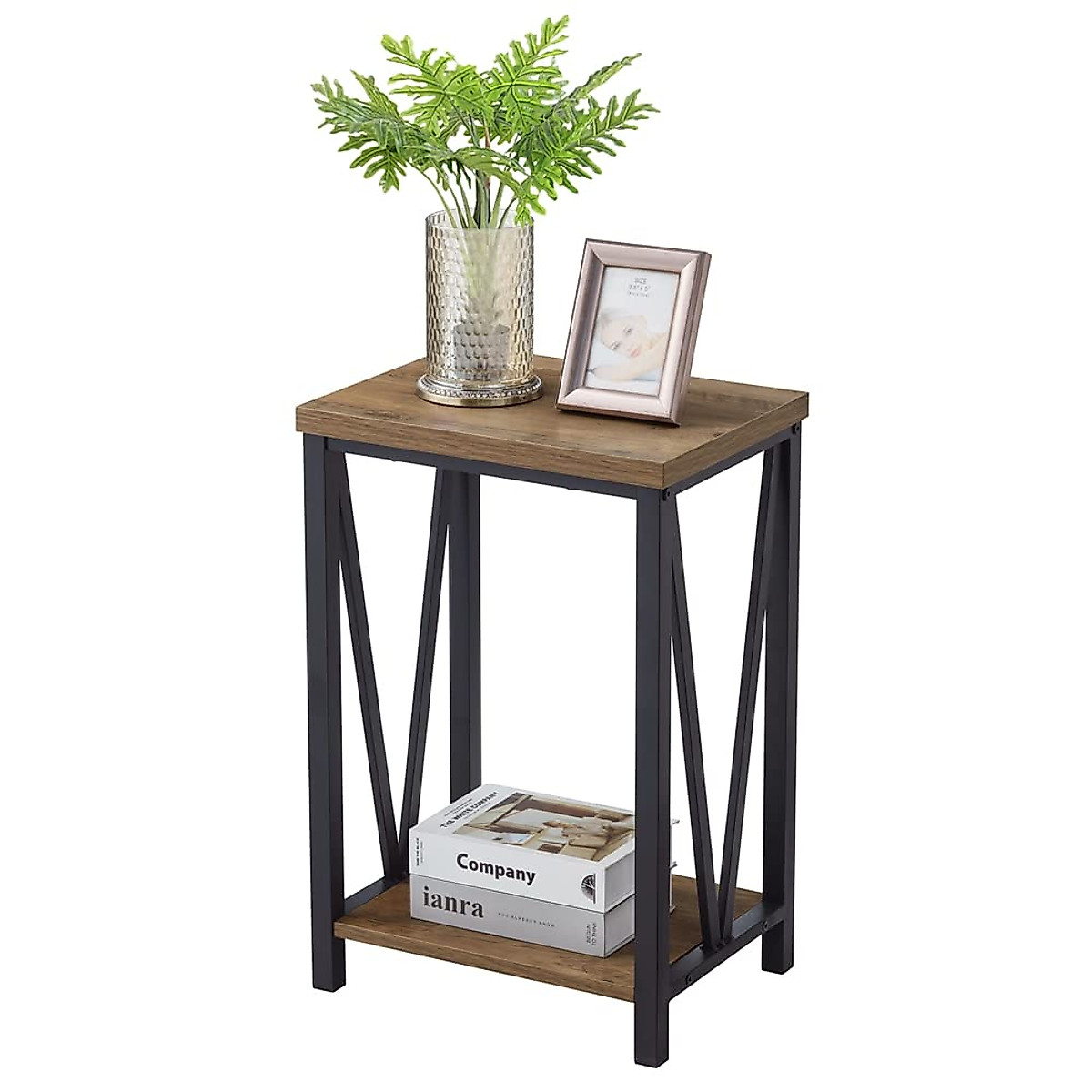 FOLUBAN Side Table with Storage Shelf, Rustic End Table for Living Room, Wood and Metal Nightstand for Bedroom, Oak