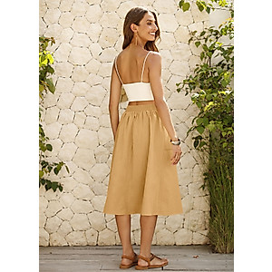 Naggoo Womens Summer A-Line High Waisted Button Pleated Midi Skirt Khaki Large