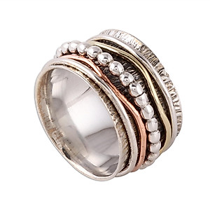 NOVICA Artisan handmade sterling silver spinner ring patterned rig with brass copper no stone meditation india [Band width 12 mm W] ' dotted flair'