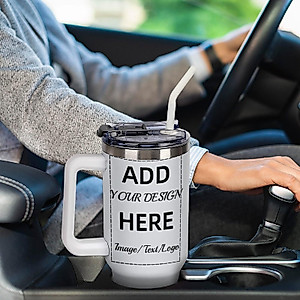 Personalized Tumbler with Handle|Custom Coffee Tumbler with Lid and Straw|Design Your Own Text/Photo Car Cup Holder|Stainless Steel Cup for Gym/Work/Travel Mug Gift for Women&Men(40oz)