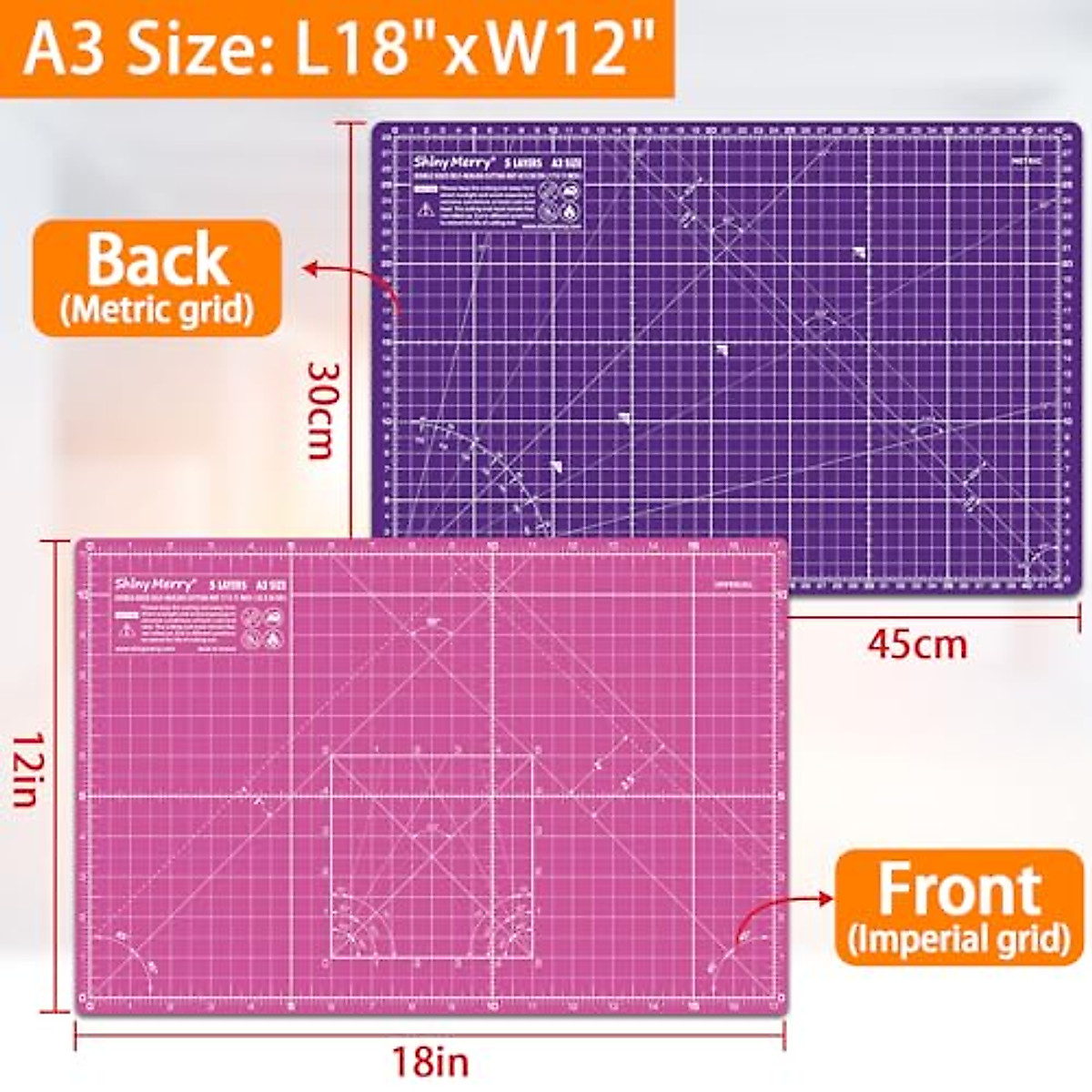 Cutting Mat A3 around 12" x 18", Self Healing cutting mat Double Sided 5-Ply Cutting Mats for Crafts, Fabric, Sewing, Quilting, Workbench, Scrapbooking, Projects, Pink/Purple -Shiny Merry