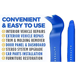 Tresalto Auto Trim Removal Tool Kit - 5pcs (No Scratch Plastic Pry Kit), Door Panel Removal Tool, Car Clips, Push Rivets, Molding, Dashboards, Interior Trim Tools, Blue