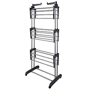 Aquaterior Folding 3 Tier Clothes Drying Rack Rolling Collapsible Garment Laundry Dryer Hanger Stand Rail Indoor Dark Grey