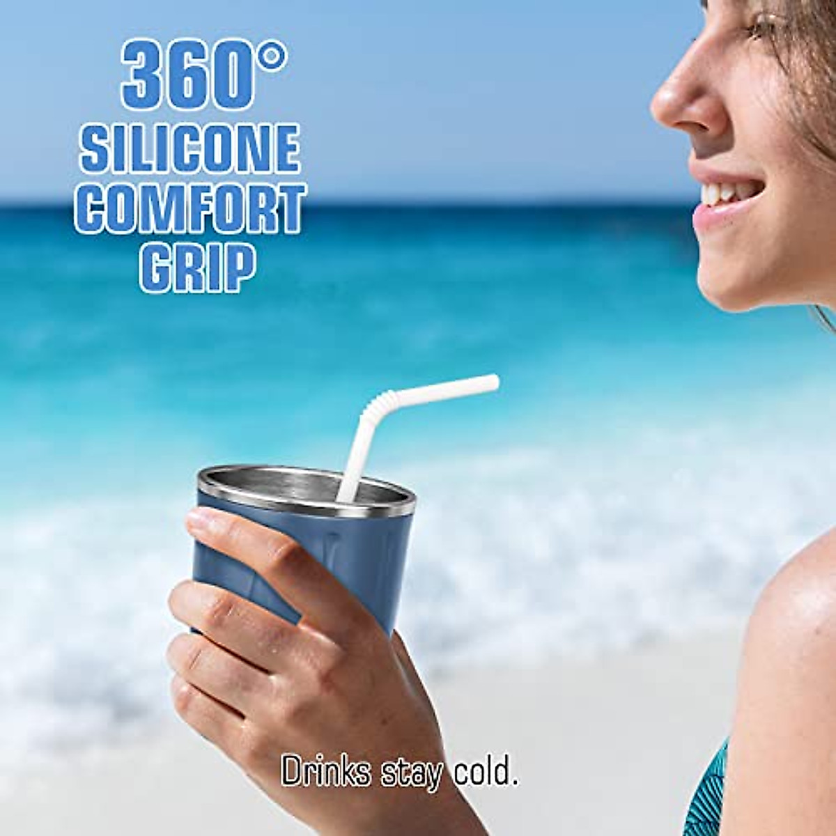 Rhovam Cooling Cup with Lid for Wine/Whisky/Beverages, 8.5 Oz Double Walled Silicone + Stainless Steel Freezable Drink Set of 1 (Blue)