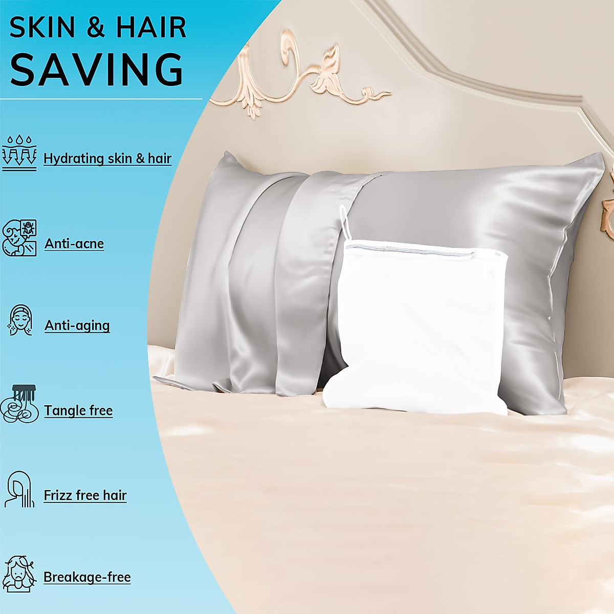 PROMEED 100% Mulberry Toddler Silk Pillowcase for Baby Hair and Skin, Premium Grade 6A+ 23 Momme Travel Silk Pillow Cases 13 x 18 with Free Laundry Bag (Toddler/Travel 13"x18", Light Grey)