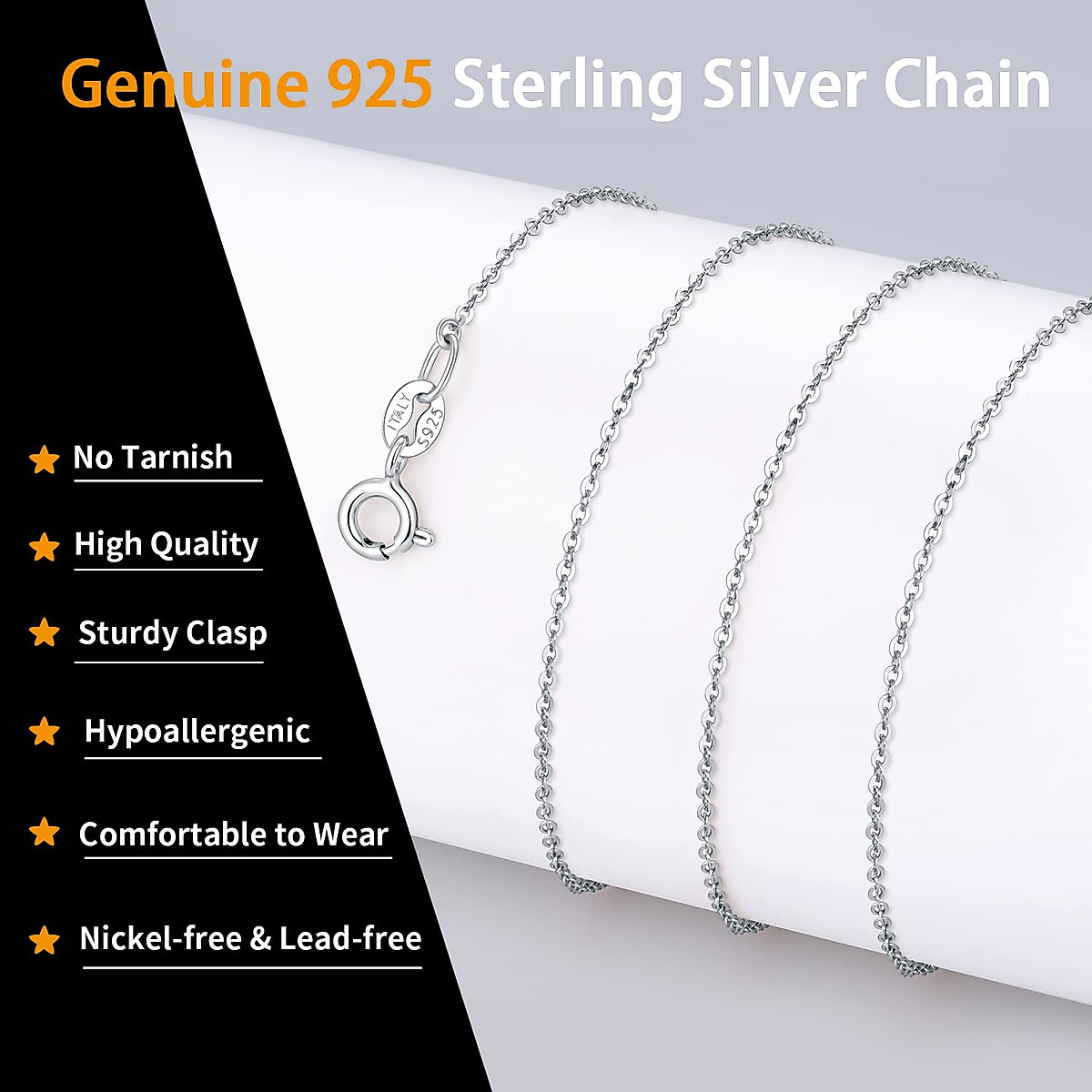 Jewlpire Solid 925 Sterling Silver Chain Necklace for Women, 1.3mm Round Cable Chain Silver Chain for Women Thin & Dainty & Sturdy Women's Chain Necklaces 16 inch