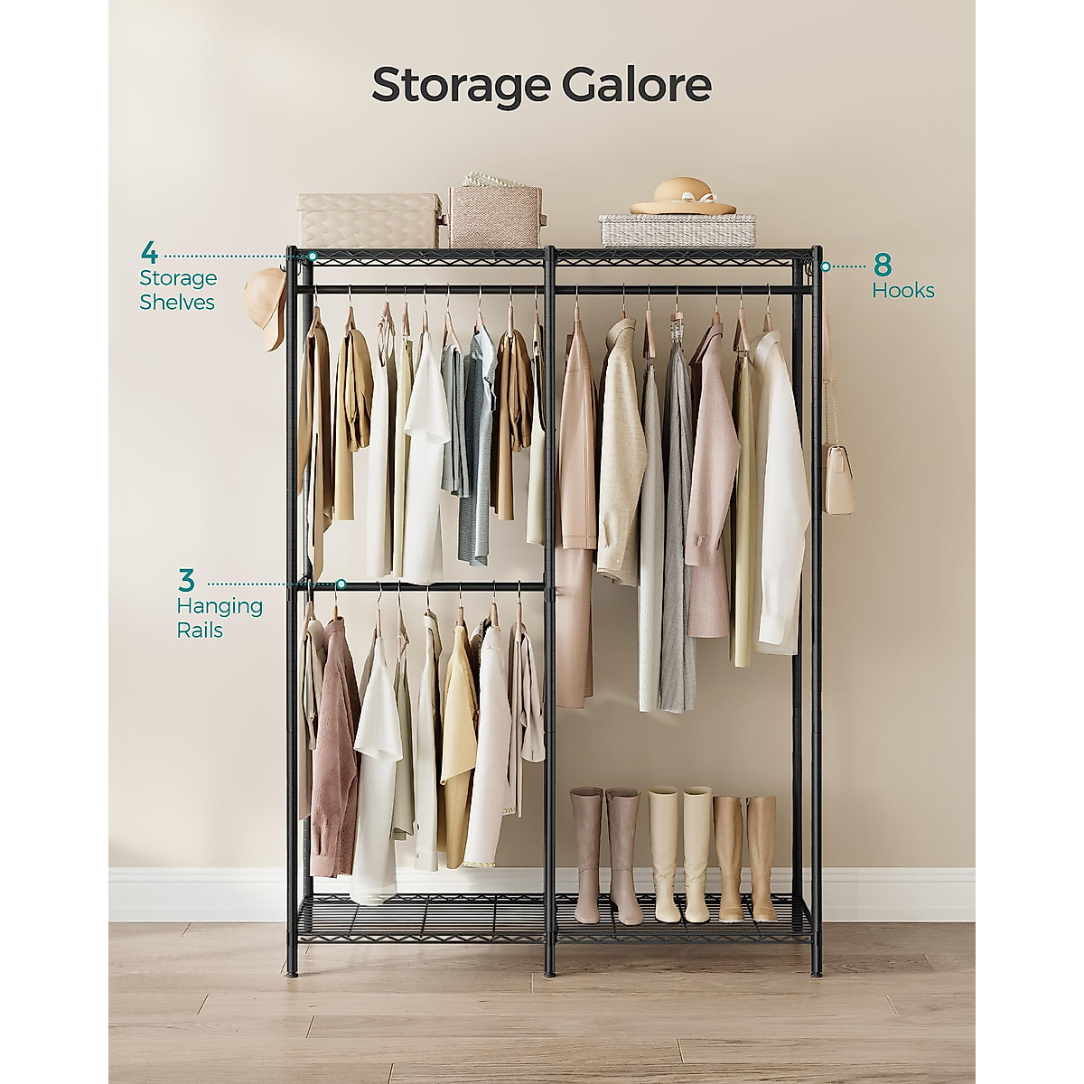 SONGMICS Clothes Rack, Freestanding Wardrobe Closet, Metal Clothing Racks, Heavy-Duty Garment Rack with Adjustable Shelves, Hanging Rods, Dividable, 15.8 x 47.2 x 70.9 Inches, Ink Black ULGR423B01