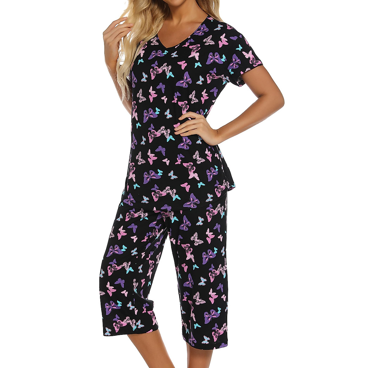 ENJOYNIGHT Women's Pajama Sets Cotton Sleepwear Tops with Capri Pants Summer Pjs (Black Flying, Medium)
