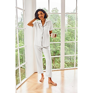 Ekouaer Silk Satin Pajamas Set Women Short Sleeve Sleepwear Soft Button Down Loungewear Pjs Set White X-Large