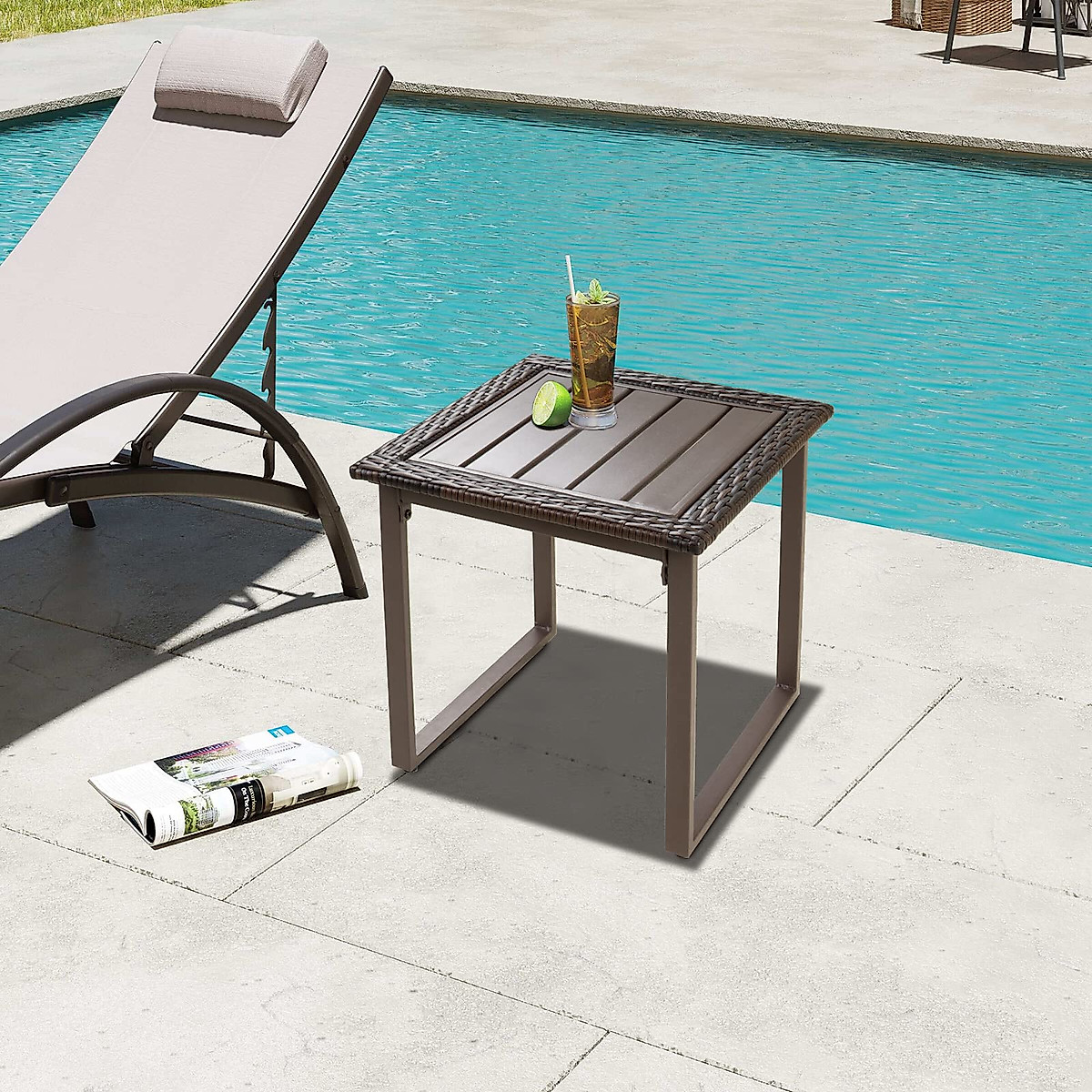 PHIKOOVA Wicker Outdoor Side Table Metal Patio Coffee Table, Metal Square Side Table with Wicker Edge & Slatted Metal Top, for Lawn Garden Backyard, Brown