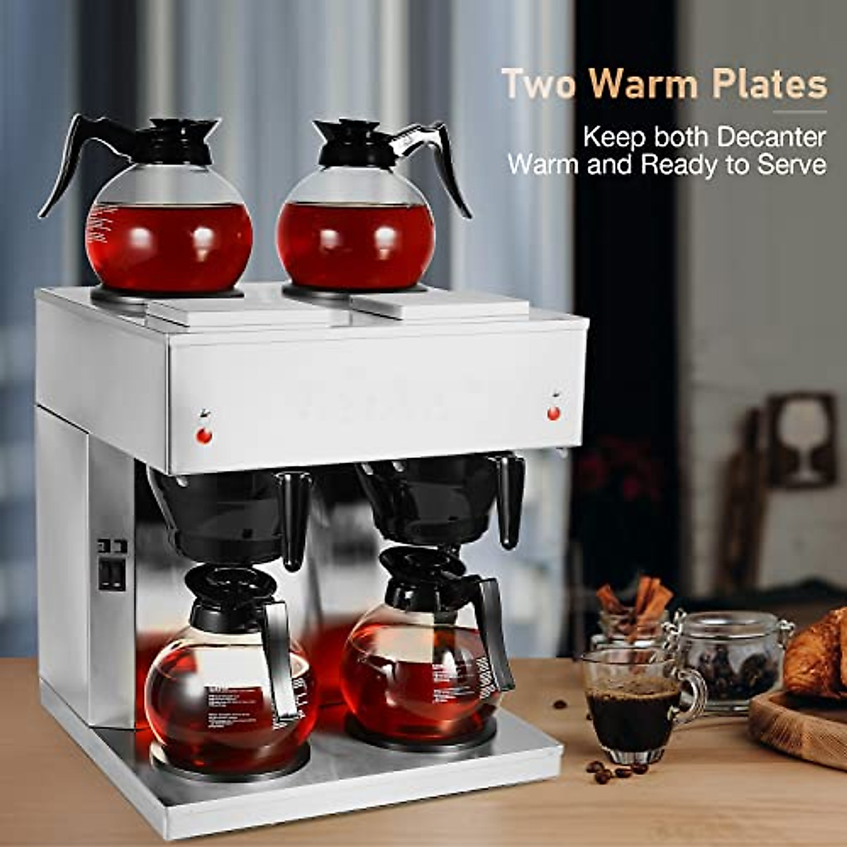 Restlrious Commercial Coffee Maker 24-Cup Drip Coffee Machine, Automatic Pour Over Coffee Brewer with 4 Warmer Pads and 2 Glass Decanter in 1.8L Capacity, Stainless Steel Cafetera Silver