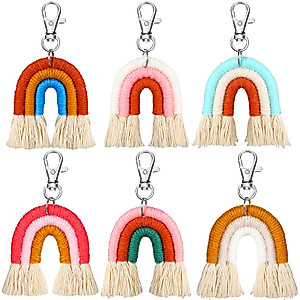 Landhoow 6 Pcs Boho Rainbow Keychains Bulk Women Macrame Rainbow Key Chains Mini Tassel Keychains Car Keyrings Holder(Pastel Color)